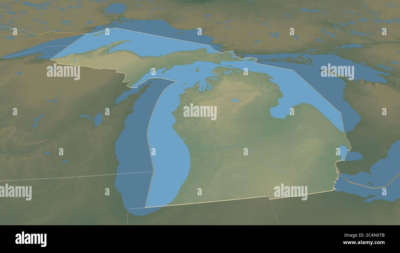 Zoom in on Michigan (state of United States) outlined. Oblique ...
