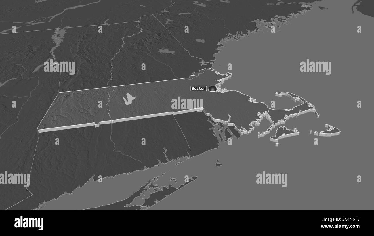 Zoom in on Massachusetts (state of United States) extruded. Oblique ...