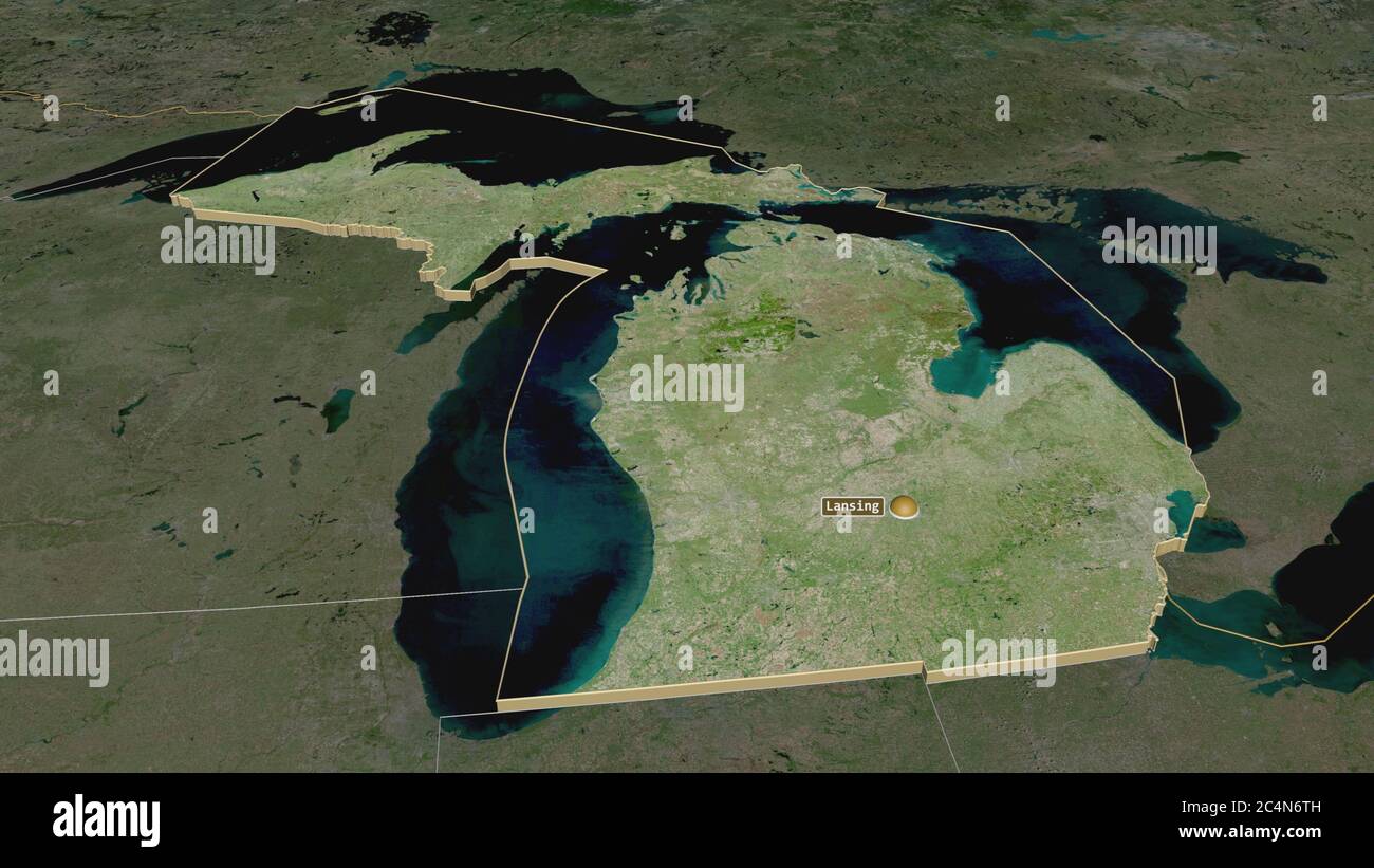 Zoom in on Michigan (state of United States) extruded. Oblique ...