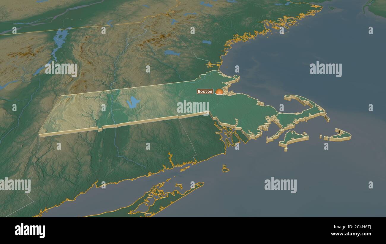 Zoom in on Massachusetts (state of United States) extruded. Oblique ...