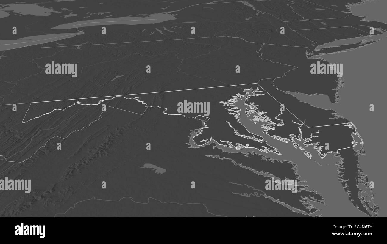 Zoom in on Maryland (state of United States) outlined. Oblique ...