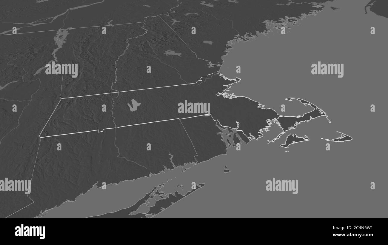 Zoom in on Massachusetts (state of United States) outlined. Oblique ...