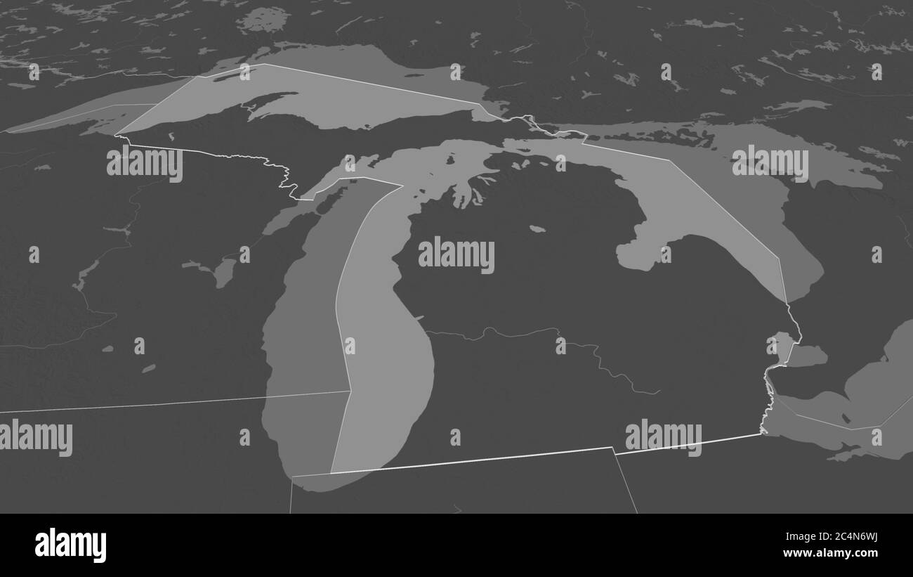 Zoom in on Michigan (state of United States) outlined. Oblique ...
