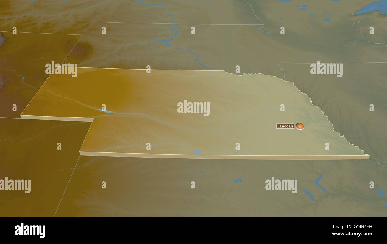 Zoom in on Nebraska (state of United States) extruded. Oblique ...