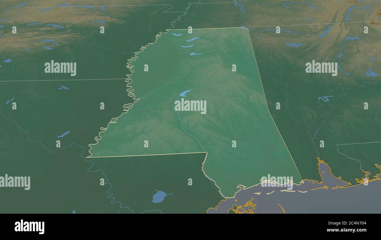 Zoom in on Mississippi (state of United States) outlined. Oblique ...