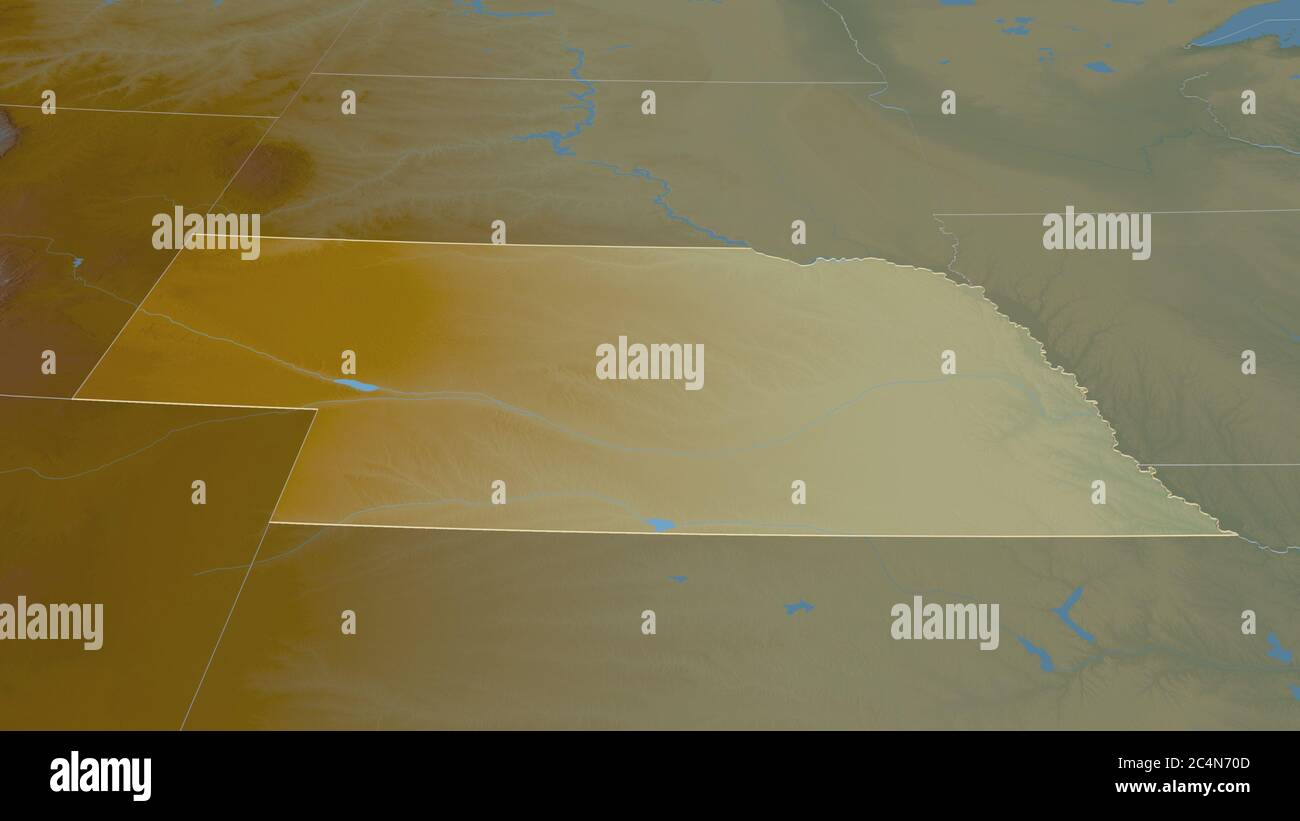 Zoom in on Nebraska (state of United States) outlined. Oblique ...