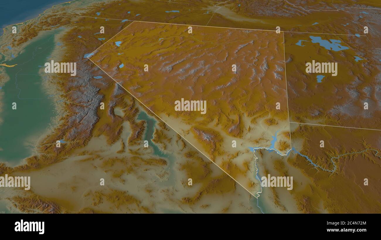 Zoom in on Nevada (state of United States) outlined. Oblique ...