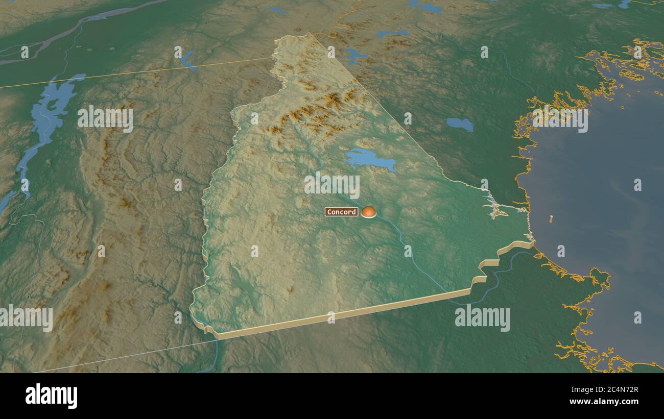 Zoom in on New Hampshire (state of United States) extruded. Oblique ...