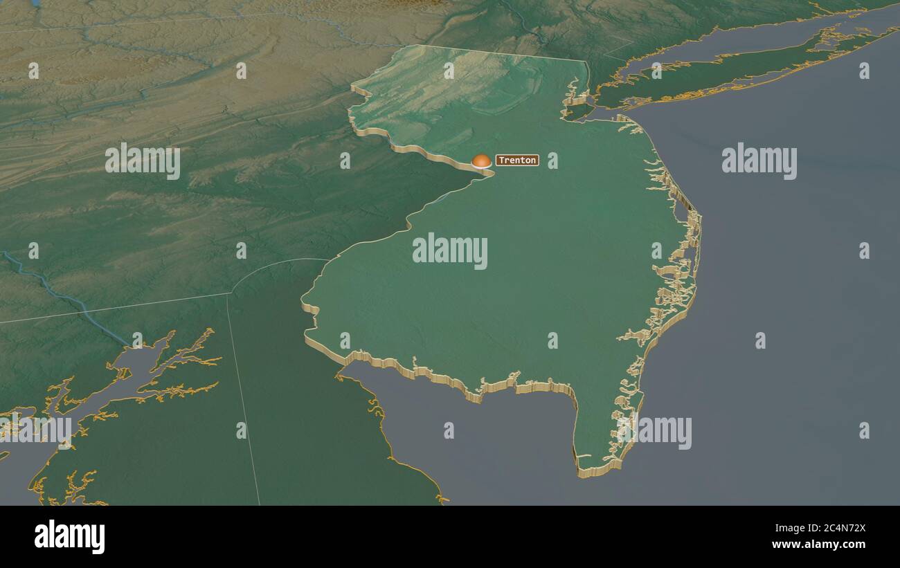 Zoom in on New Jersey (state of United States) extruded. Oblique ...