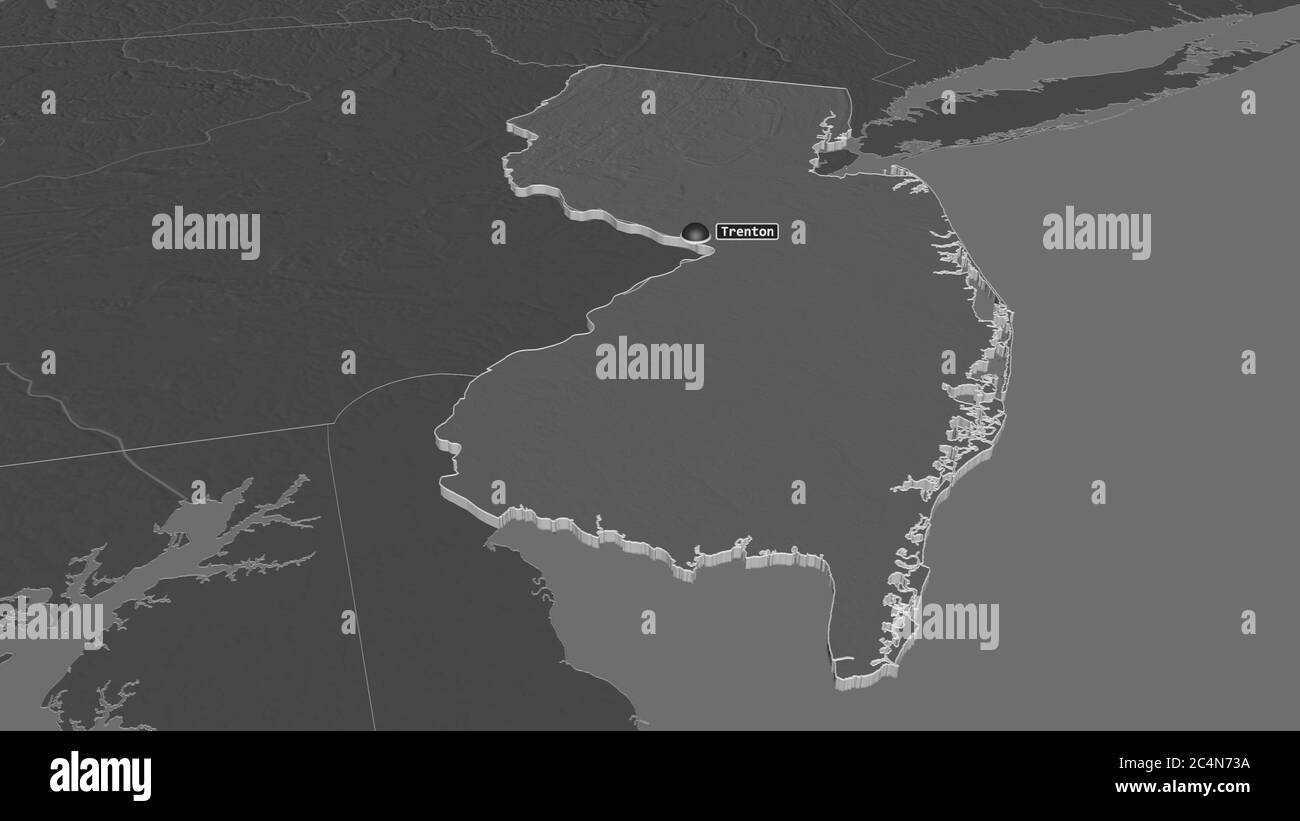 Zoom in on New Jersey (state of United States) extruded. Oblique ...