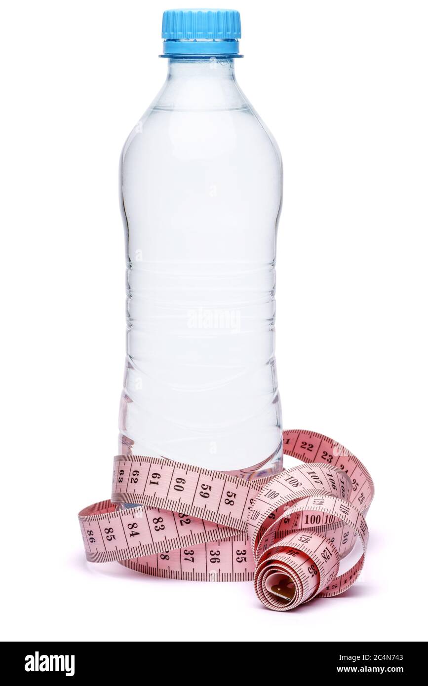 Plastic bottle of drinking water and measuring tape isolated on white ...