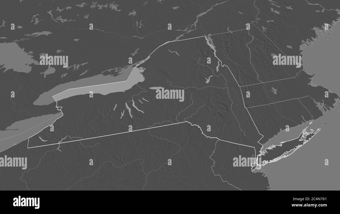 Zoom in on New York (state of United States) outlined. Oblique ...