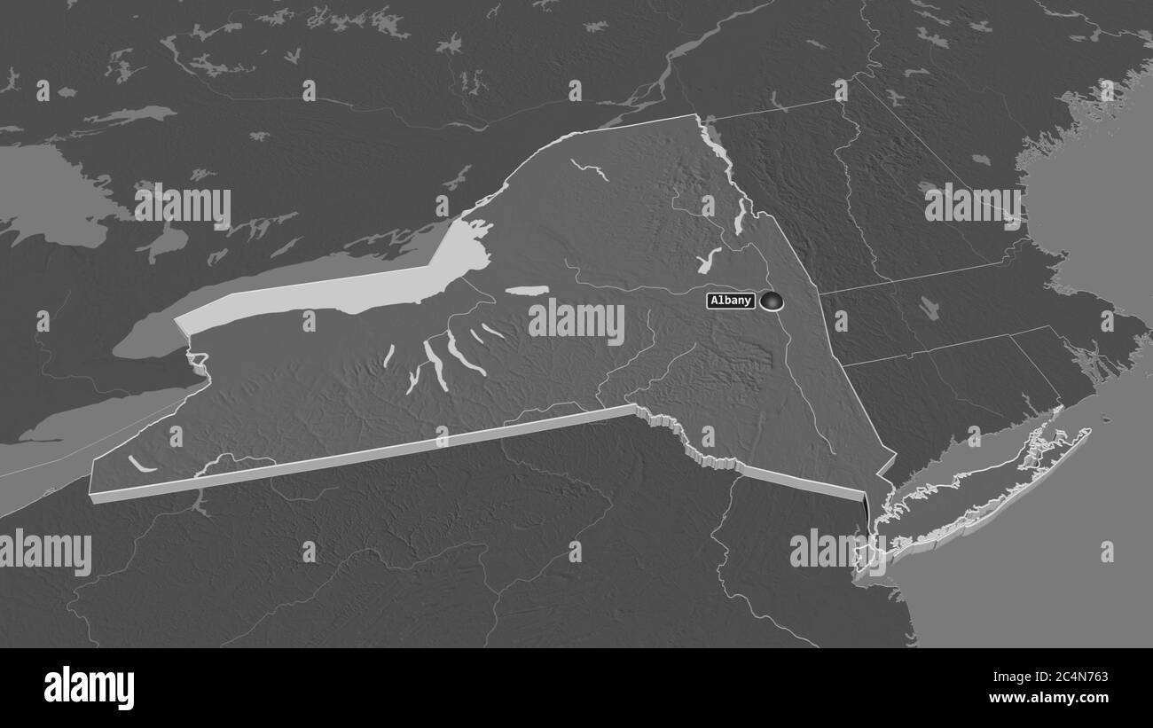 Zoom in on New York (state of United States) extruded. Oblique ...