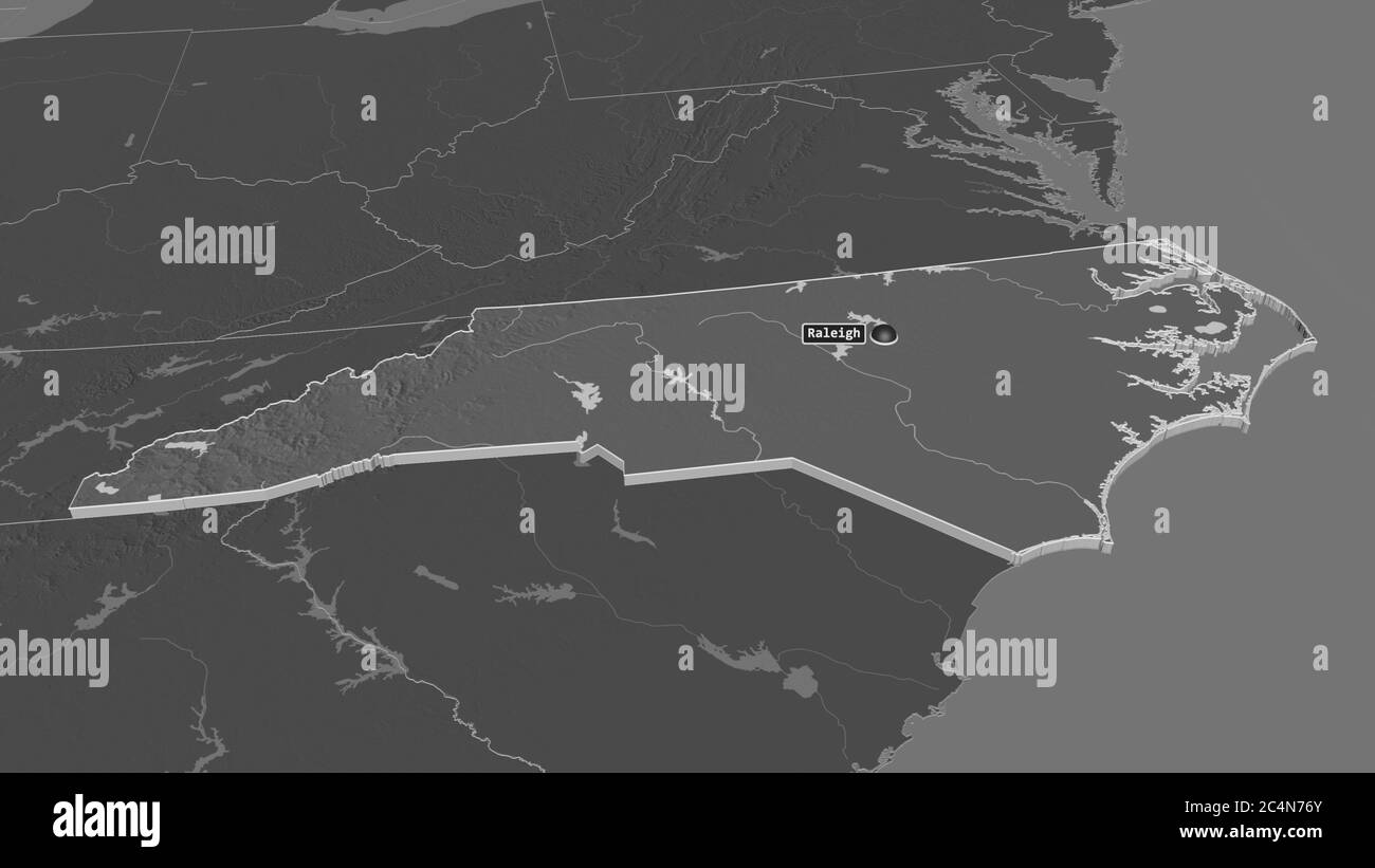 Zoom in on North Carolina (state of United States) extruded. Oblique ...