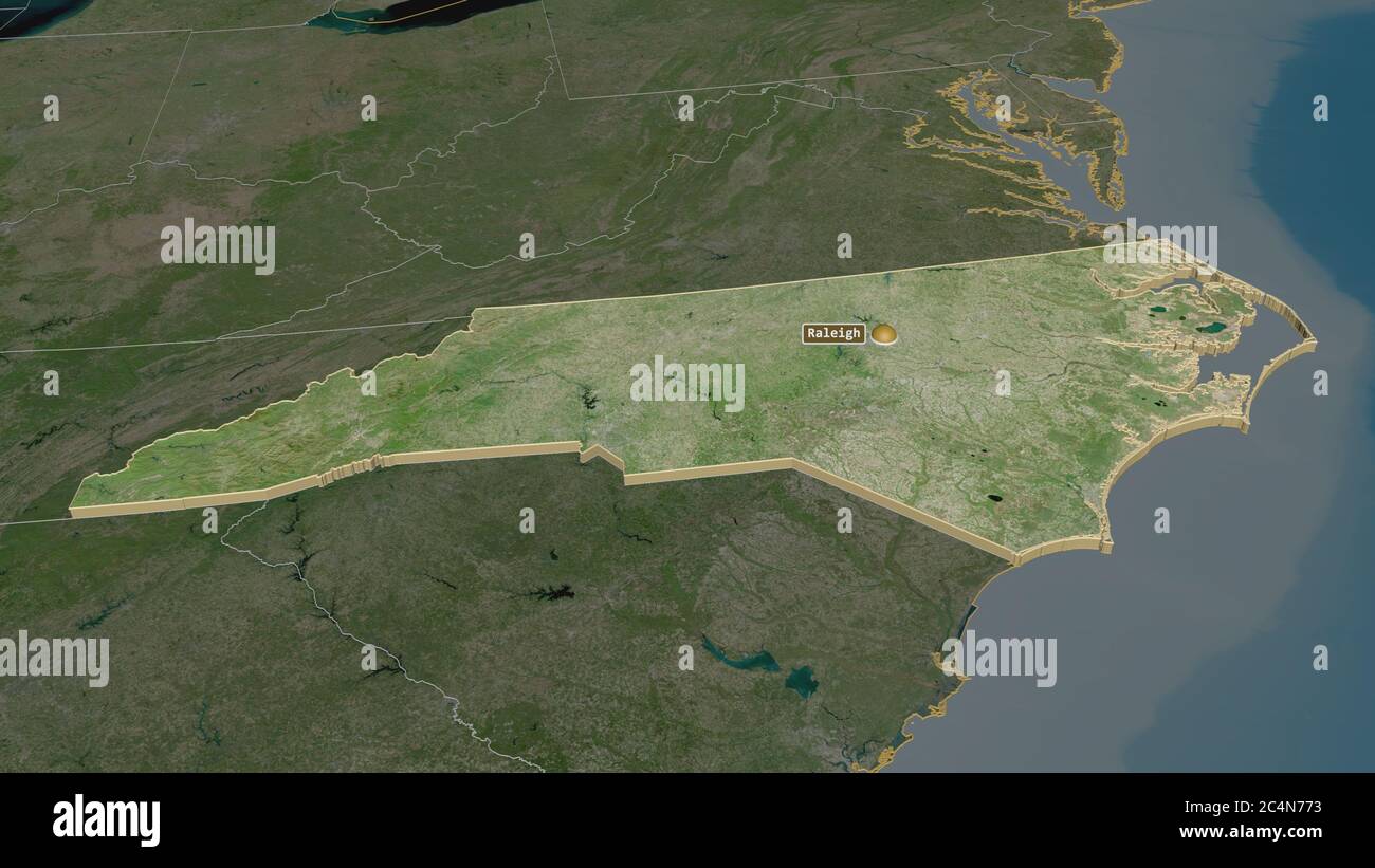 Zoom in on North Carolina (state of United States) extruded. Oblique ...