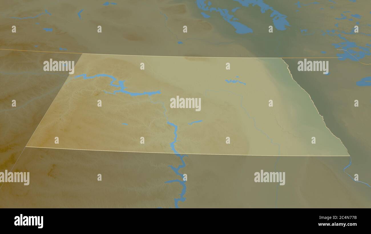 Zoom in on North Dakota (state of United States) outlined. Oblique ...