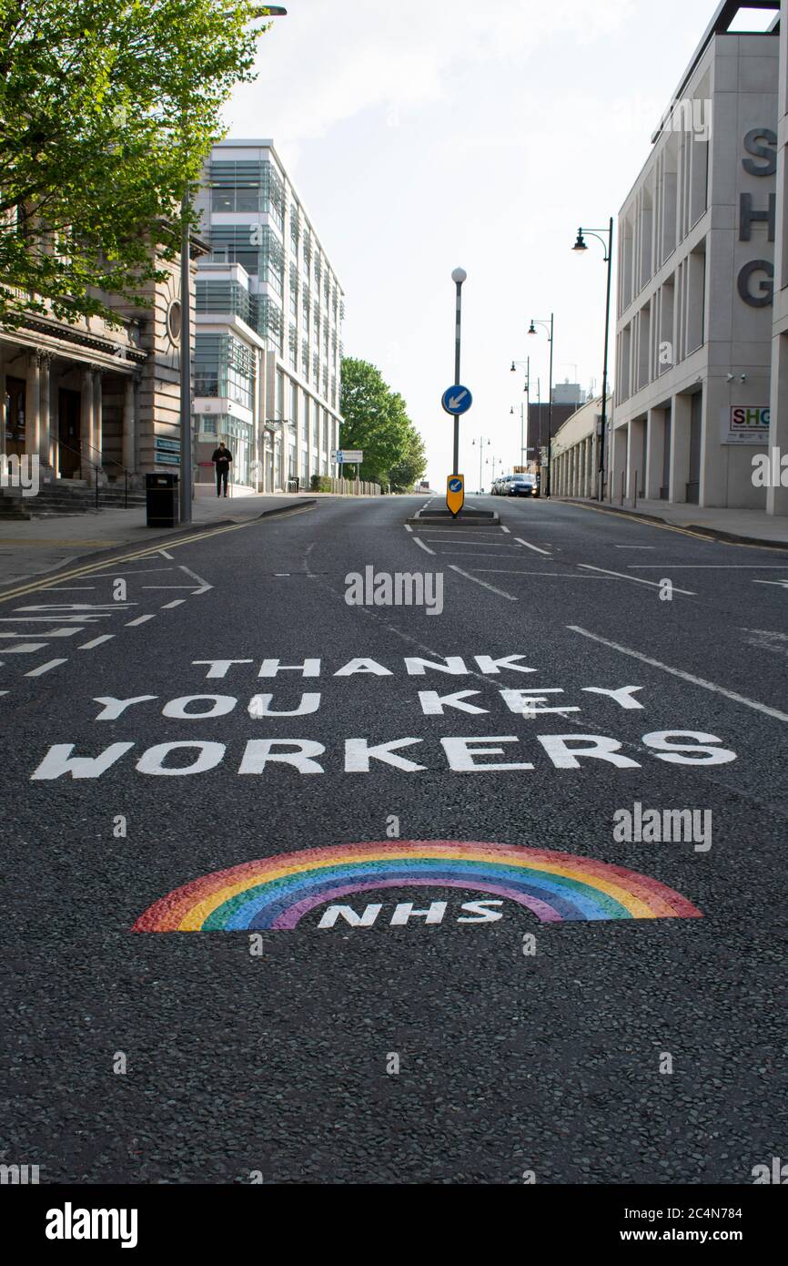 Road sign outside Stockport Town Hall with text Thank You Key Workers ...