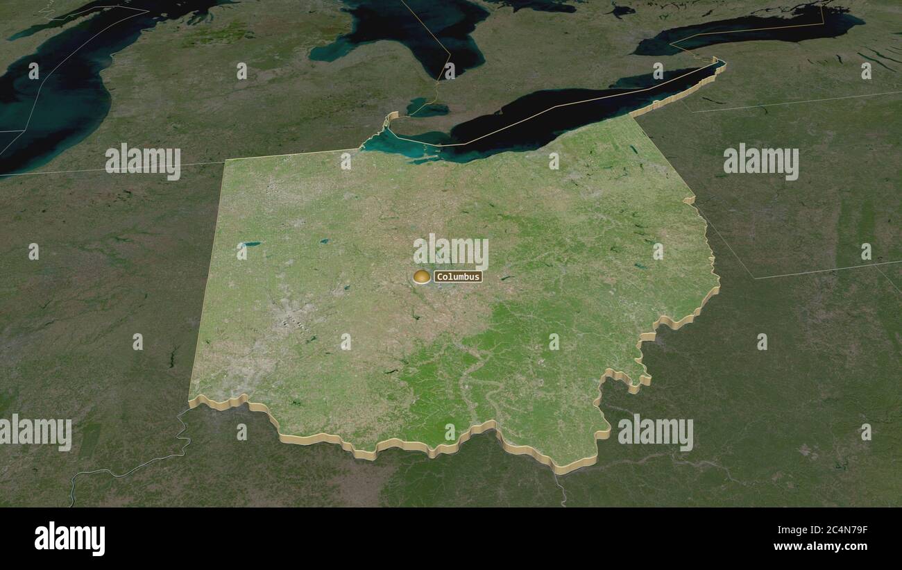 Zoom in on Ohio (state of United States) extruded. Oblique perspective ...