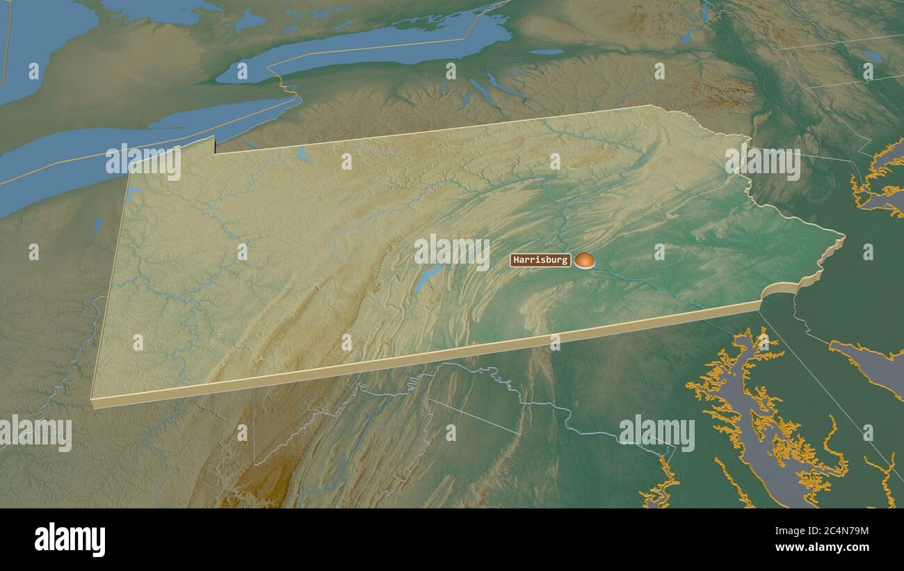 Zoom in on Pennsylvania (state of United States) extruded. Oblique ...