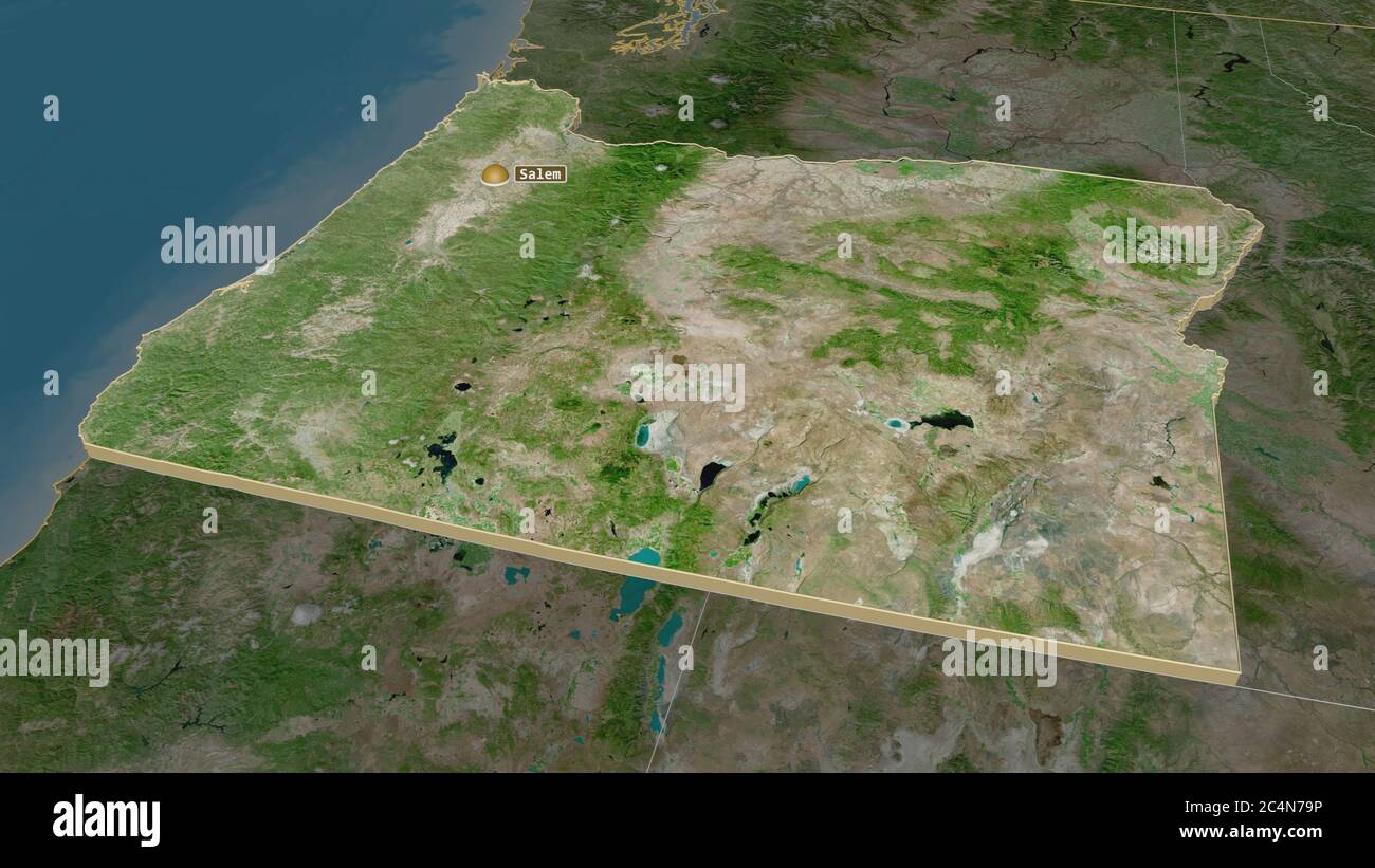 Zoom in on Oregon (state of United States) extruded. Oblique ...