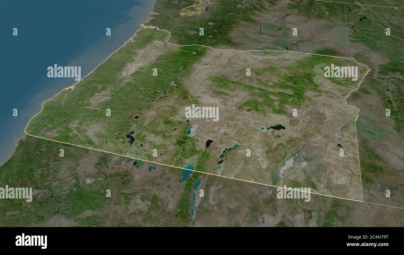 Zoom in on Oregon (state of United States) outlined. Oblique ...