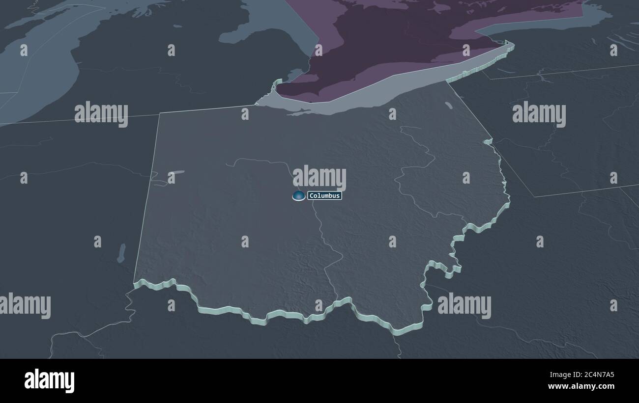 Zoom in on Ohio (state of United States) extruded. Oblique perspective ...