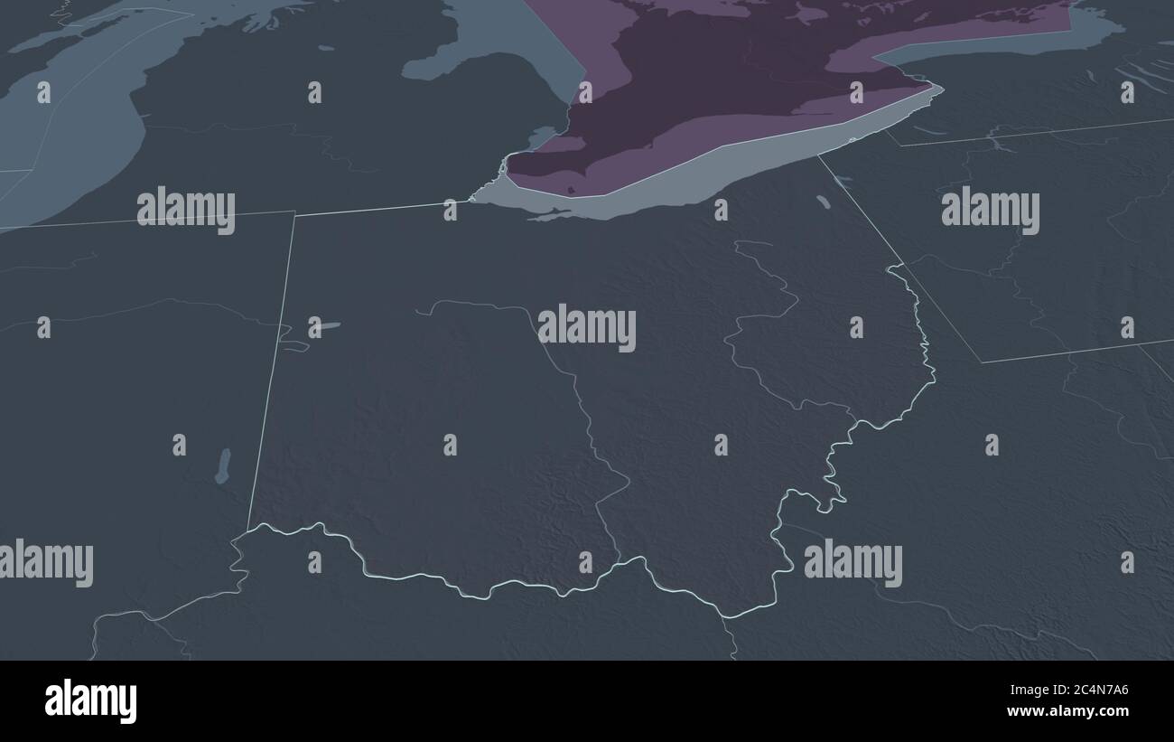 Zoom in on Ohio (state of United States) outlined. Oblique perspective ...