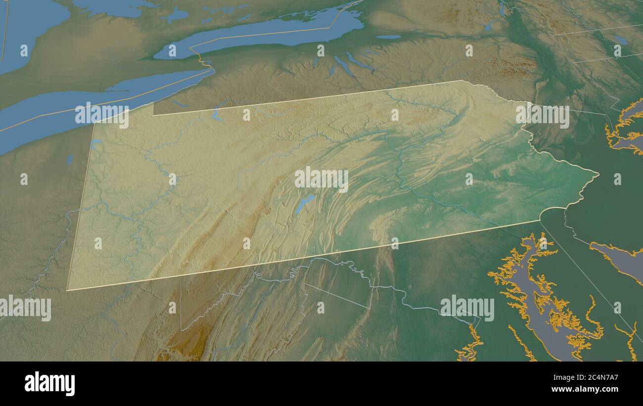 Zoom in on Pennsylvania (state of United States) outlined. Oblique ...