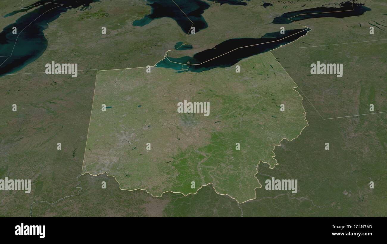Zoom in on Ohio (state of United States) outlined. Oblique perspective ...