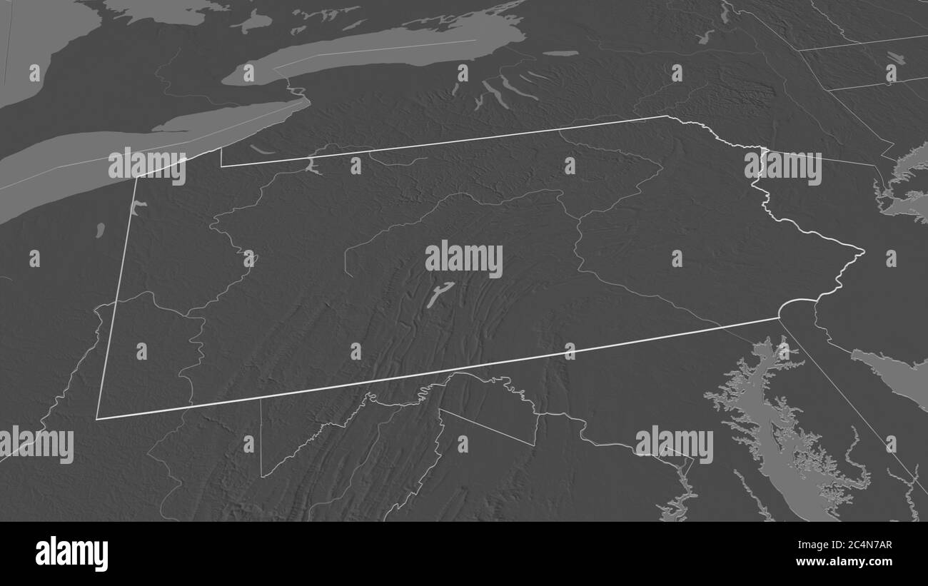 Zoom in on Pennsylvania (state of United States) outlined. Oblique ...