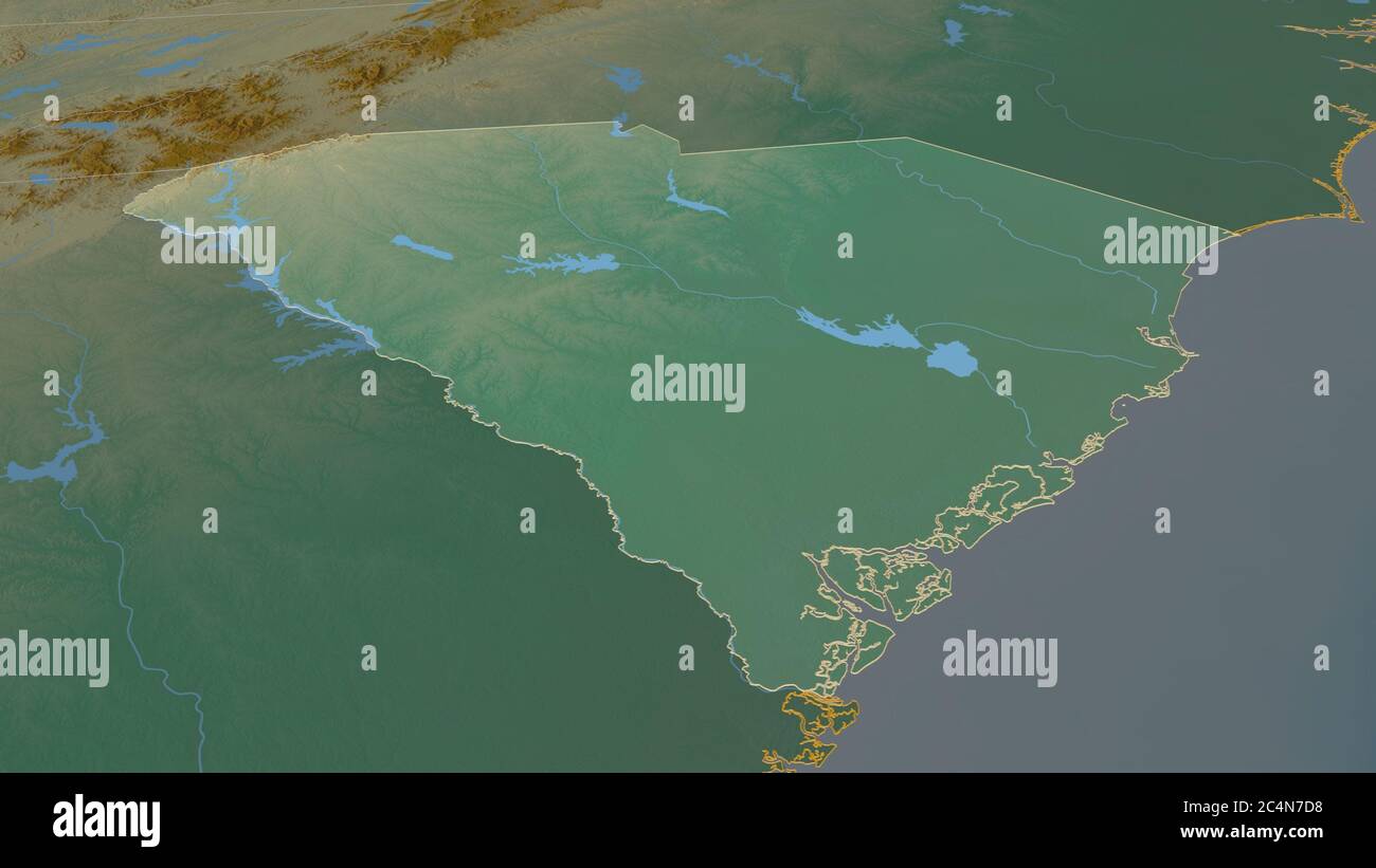 Zoom in on South Carolina (state of United States) outlined. Oblique ...