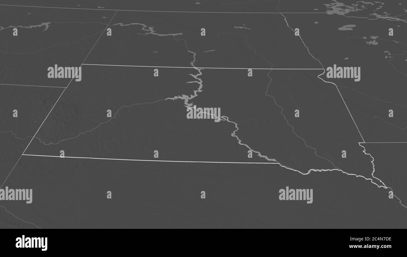 Zoom in on South Dakota (state of United States) outlined. Oblique ...