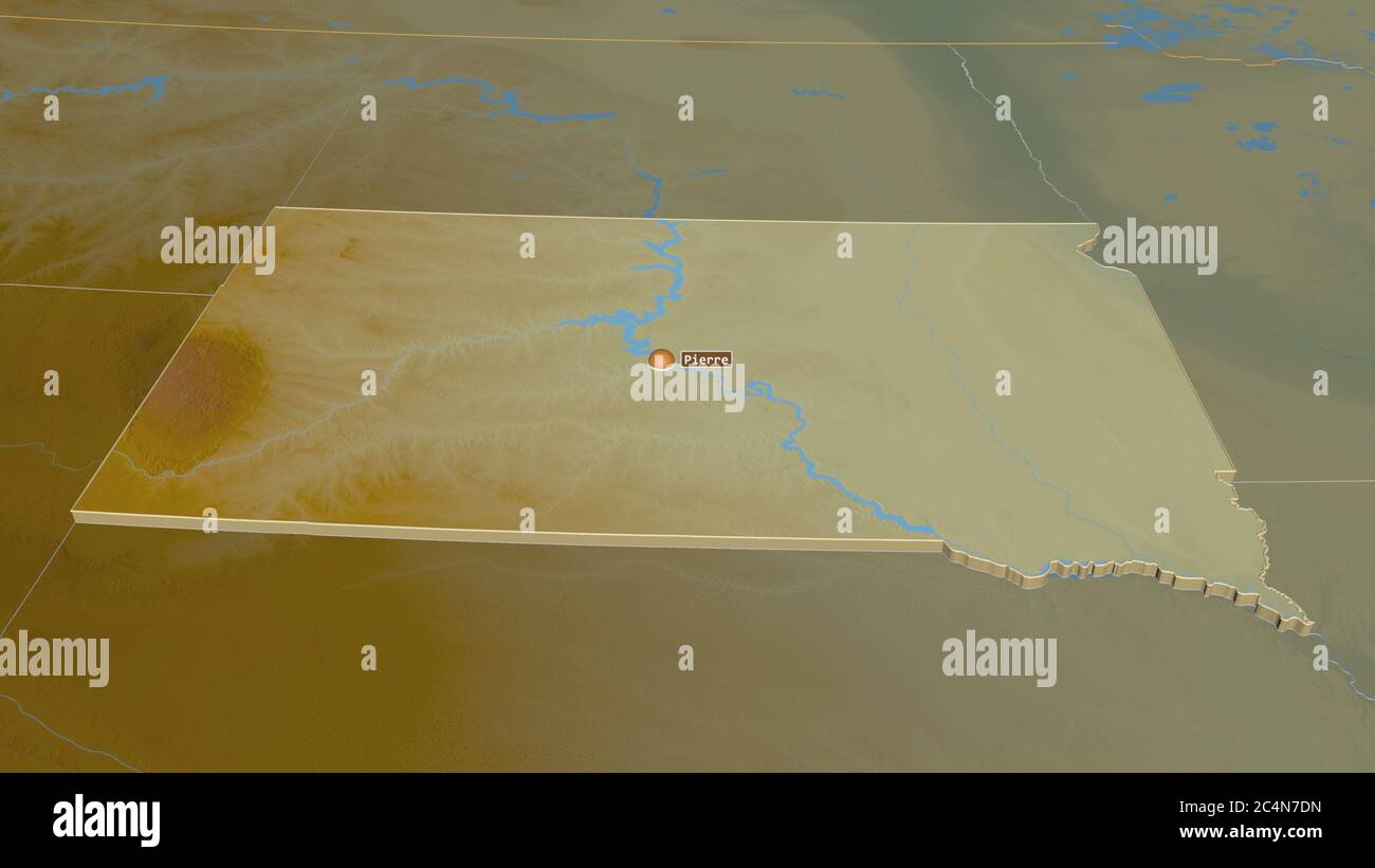 Zoom in on South Dakota (state of United States) extruded. Oblique ...