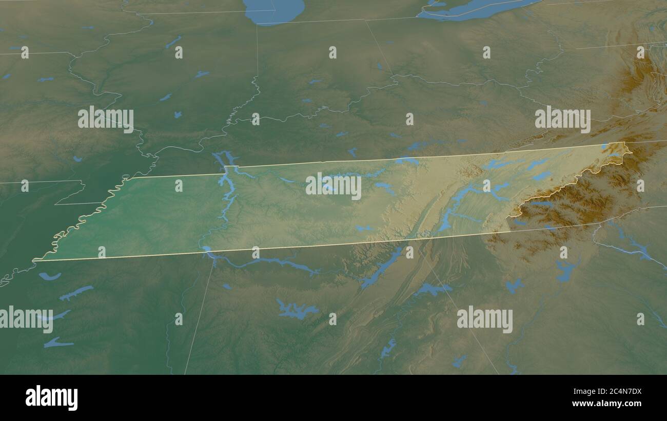 Zoom in on Tennessee (state of United States) outlined. Oblique ...
