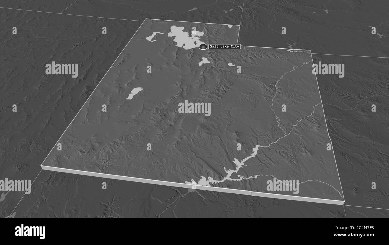 Zoom in on Utah (state of United States) extruded. Oblique perspective ...