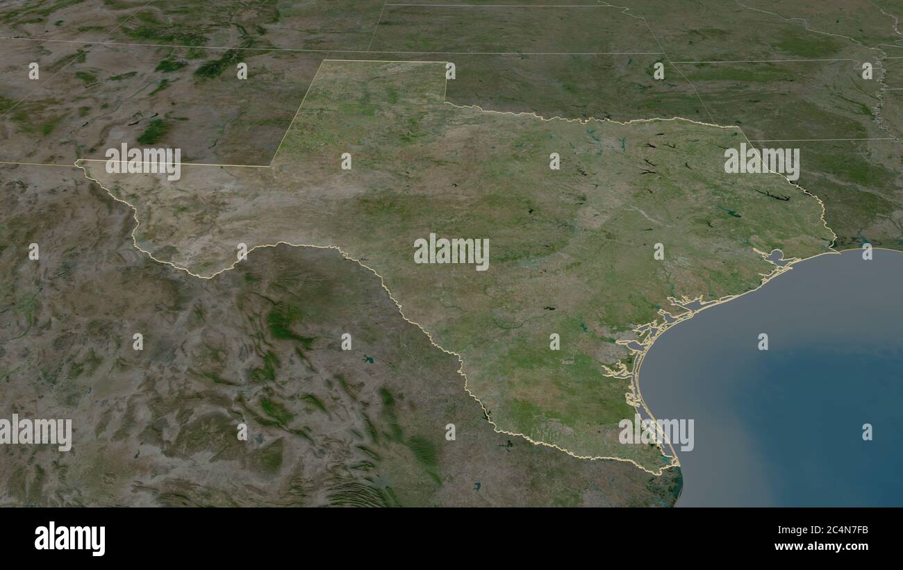 Zoom in on Texas (state of United States) outlined. Oblique perspective ...
