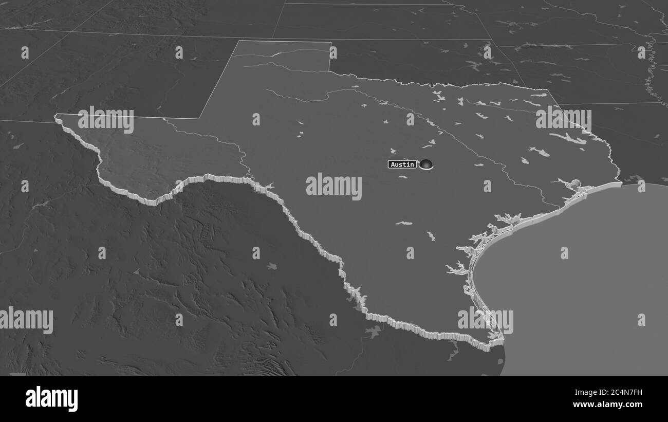 Zoom in on Texas (state of United States) extruded. Oblique perspective ...