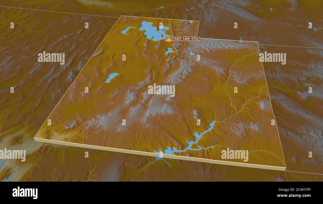 Zoom in on Utah (state of United States) extruded. Oblique perspective ...