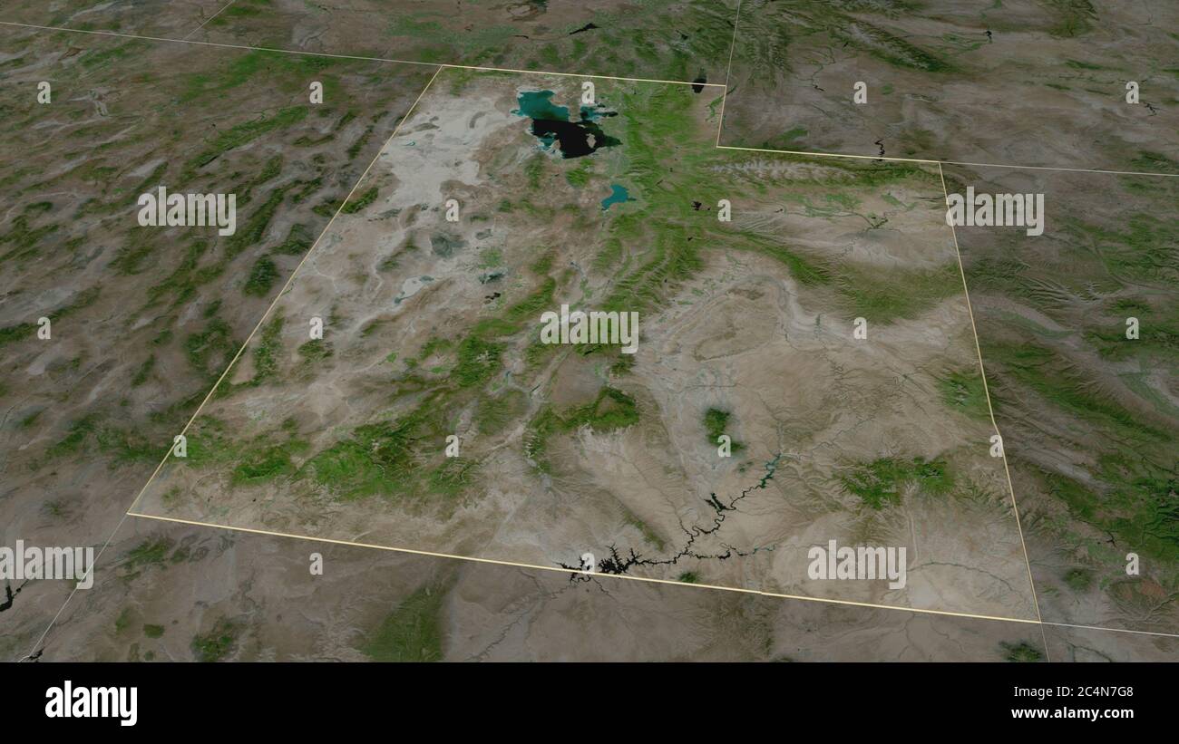 Zoom in on Utah (state of United States) outlined. Oblique perspective ...