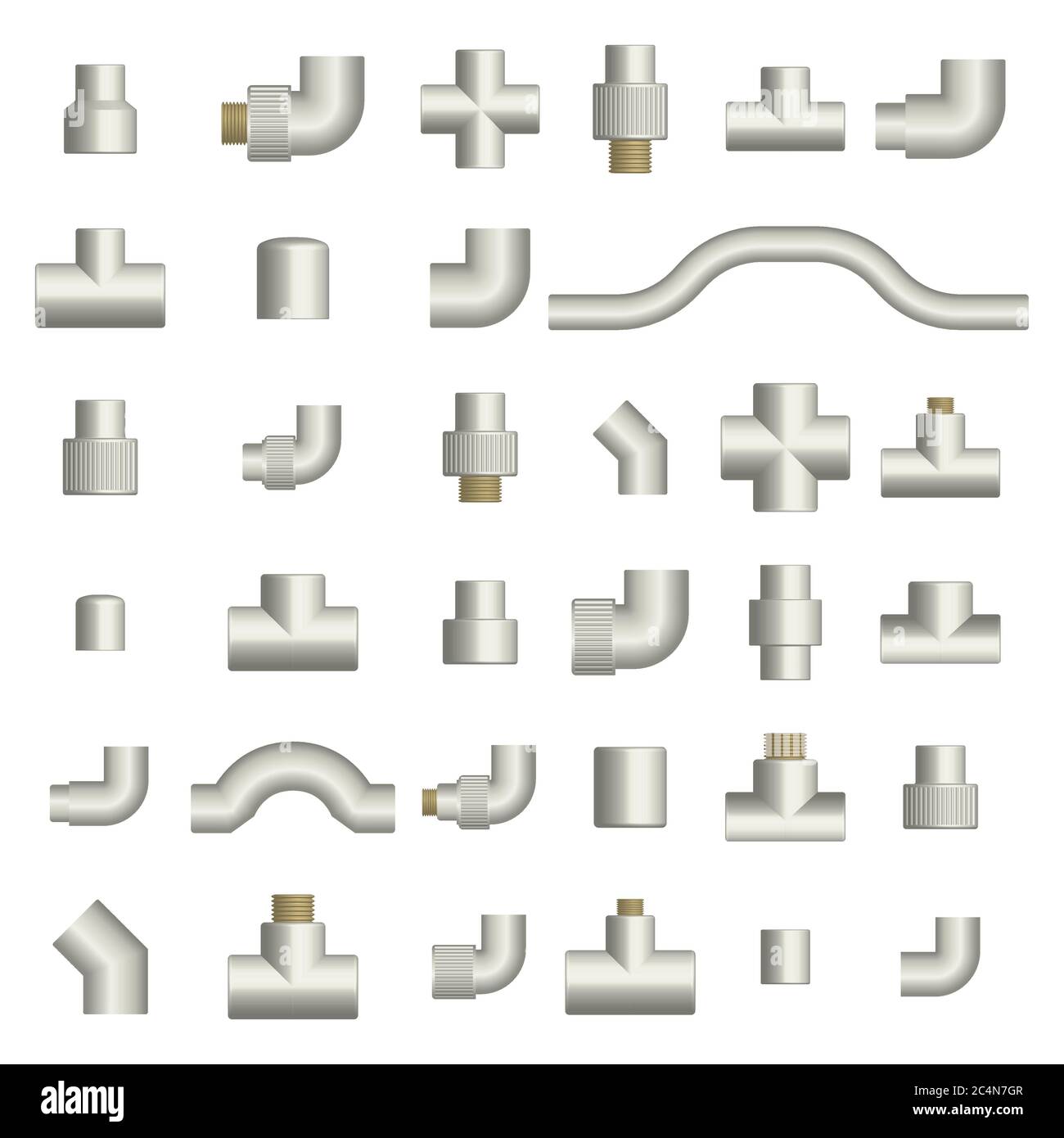 Set of various fittings and connections for plastic pipes, isolated on white background. Front ...