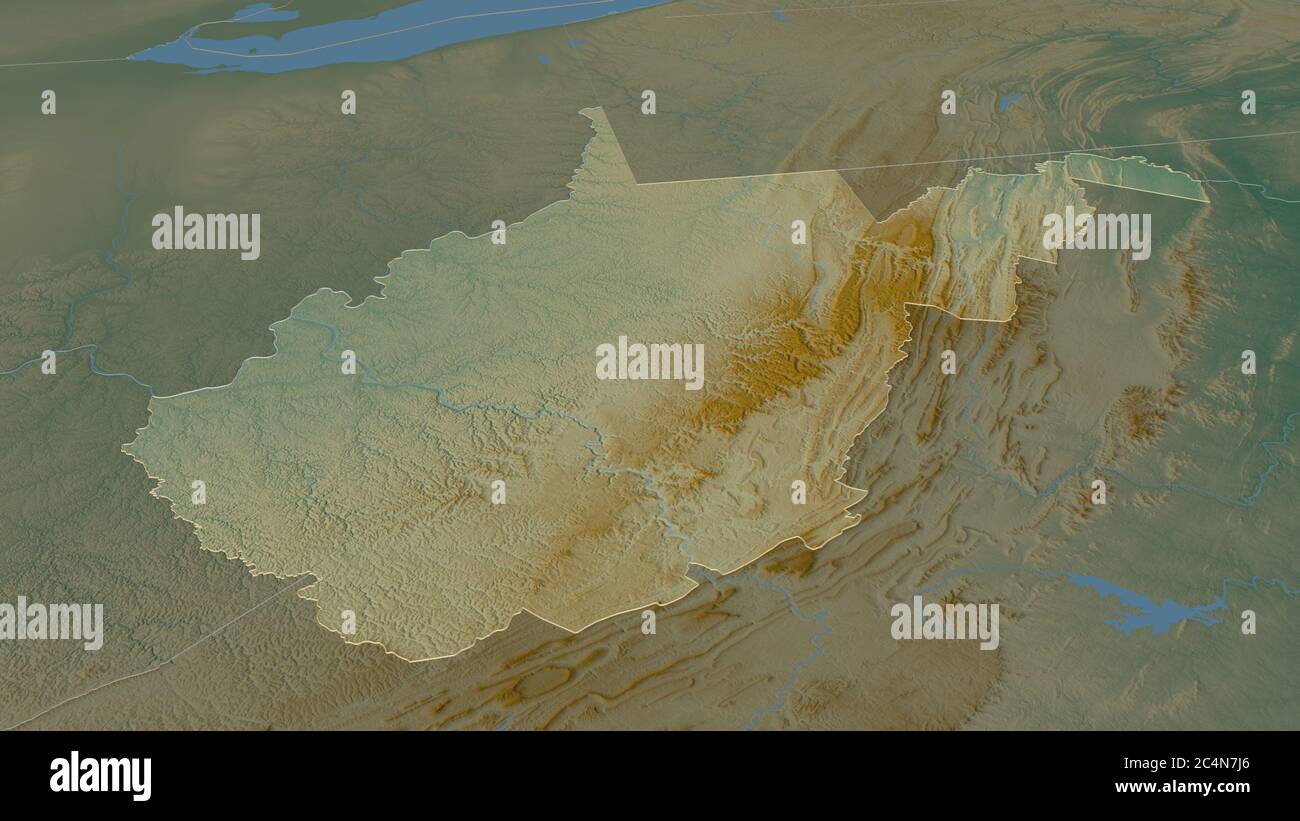 Zoom in on West Virginia (state of United States) outlined. Oblique ...