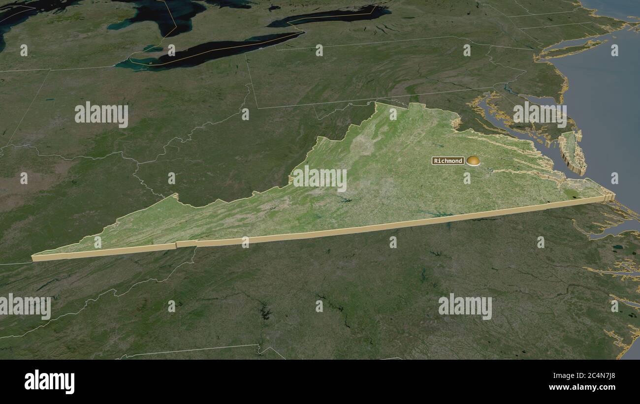 Zoom in on Virginia (state of United States) extruded. Oblique ...