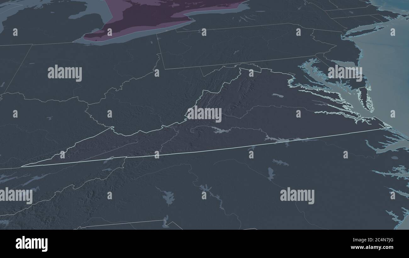 Zoom in on Virginia (state of United States) outlined. Oblique ...
