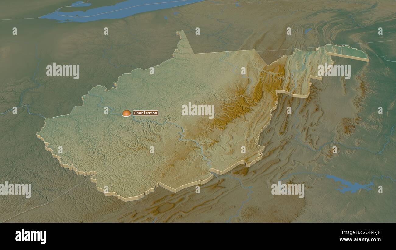Zoom in on West Virginia (state of United States) extruded. Oblique ...
