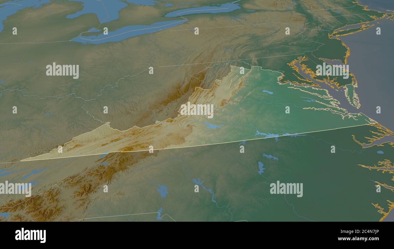 Zoom in on Virginia (state of United States) outlined. Oblique ...