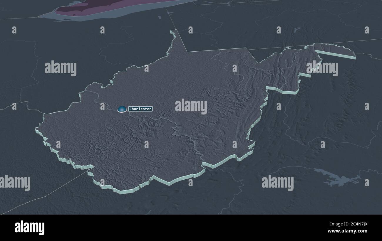 Zoom in on West Virginia (state of United States) extruded. Oblique ...