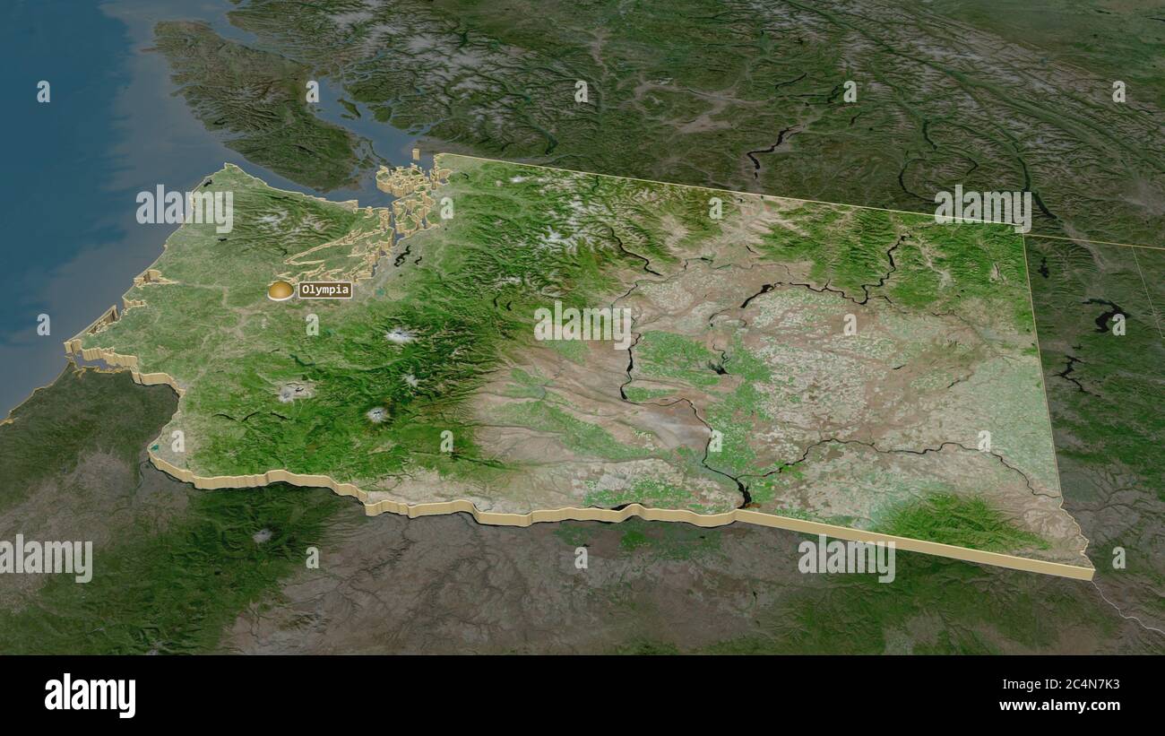 Zoom in on Washington (state of United States) extruded. Oblique ...