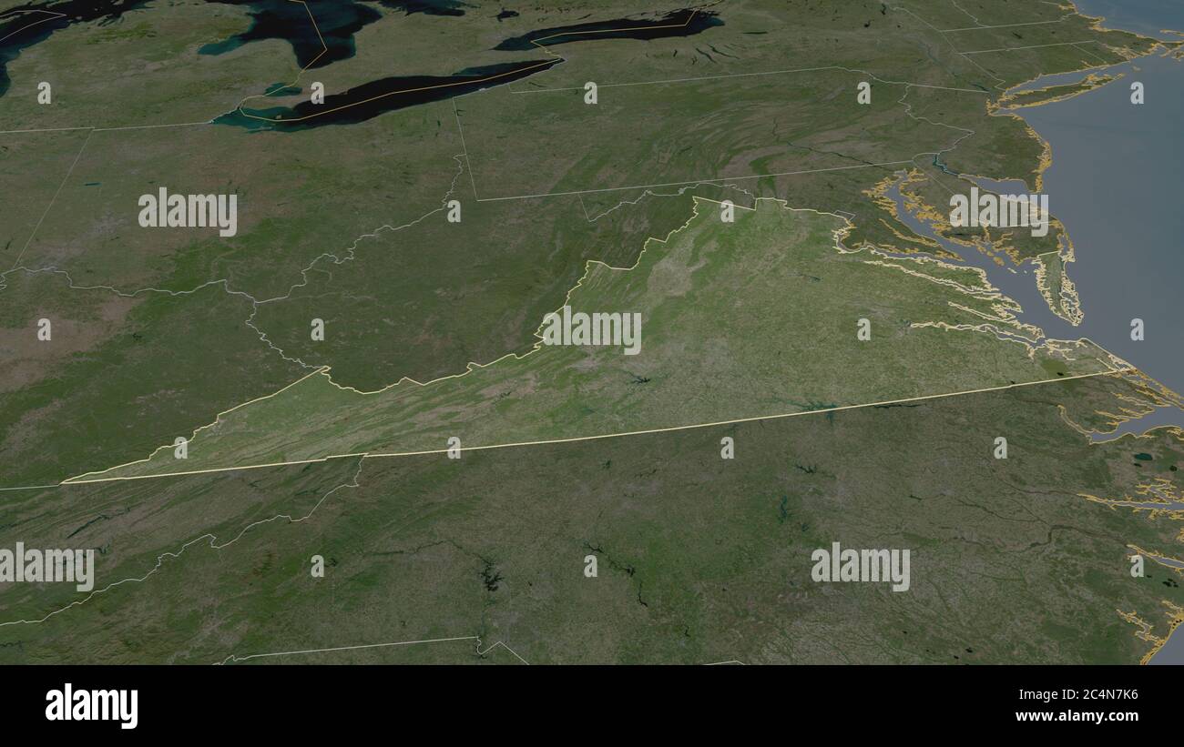 Zoom in on Virginia (state of United States) outlined. Oblique ...