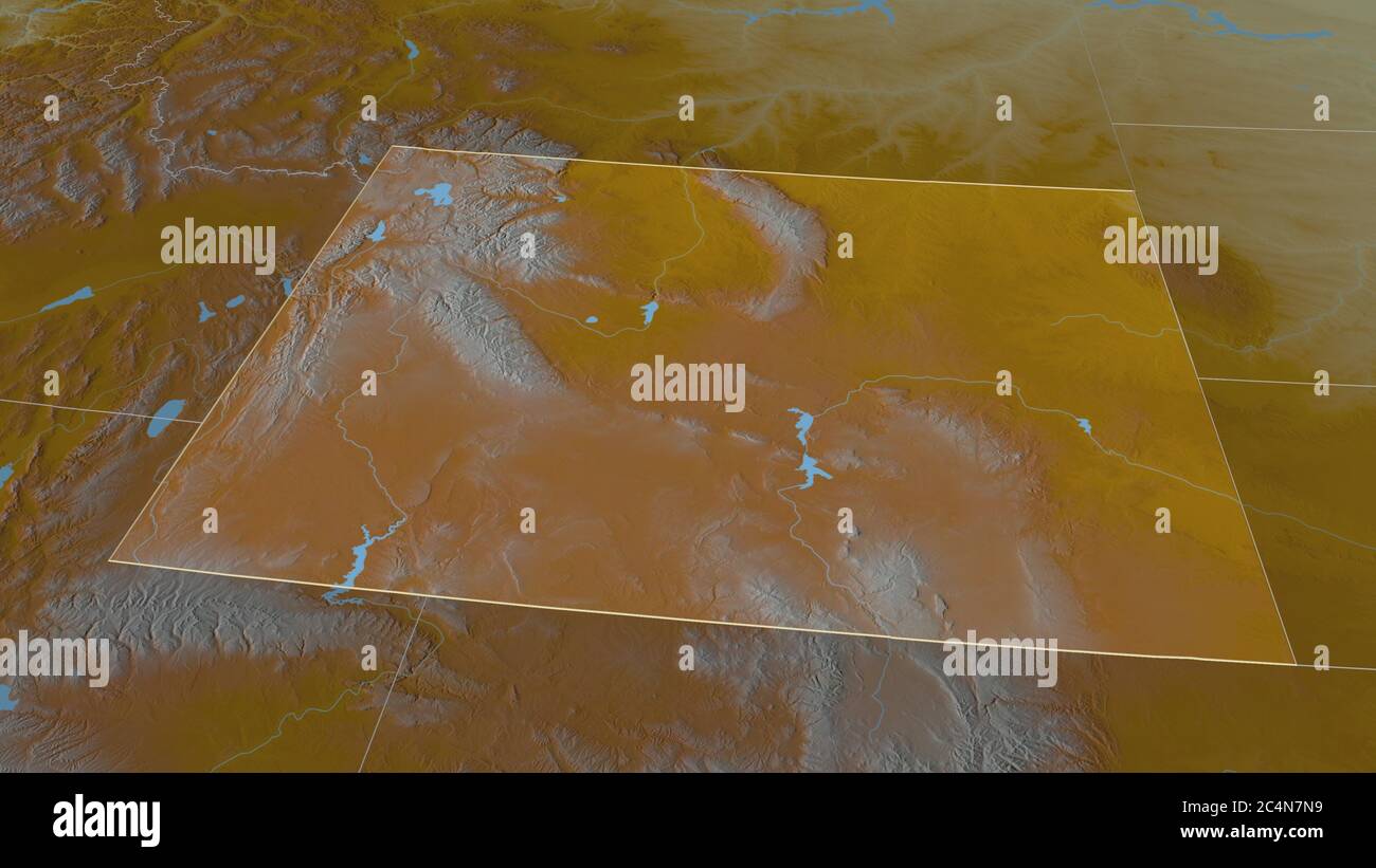 Zoom in on Wyoming (state of United States) outlined. Oblique ...