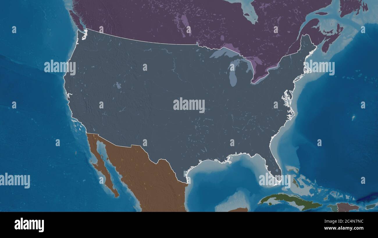 Outlined shape of the United States area. Colored and bumped map of the ...